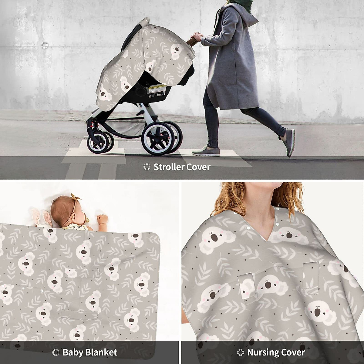 Rutiea Seamless Pattern with Cute Koala Car Seat Cover for Babies, Peekaboo Opening Minky Carseat Canopy Stroller Cover for Newborn, Mom Nursing Breastfeeding Covers, Blanket for Infant Toddler