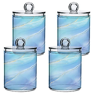 xigua 2 Pack Blue Gold Marble Apothecary Jars with Lid, Qtip Holder Storage Jars for Cotton Ball, Cotton Swab, Cotton Round Pads, Clear Plastic Canisters for Bathroom Vanity Organization (10 Oz)