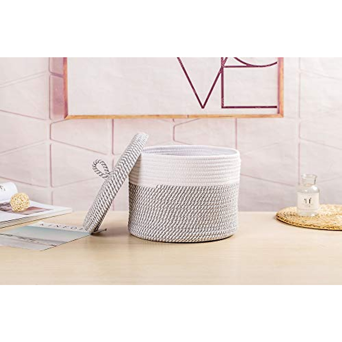 S Size Grey Cotton Rope Basket with Lid Mini Woven Basket Cute Toy Storage Basket Towel Storage Little Organizer Woven Basket Living Room Nursery Storage Basket Small Grey Woven Basket for Storage