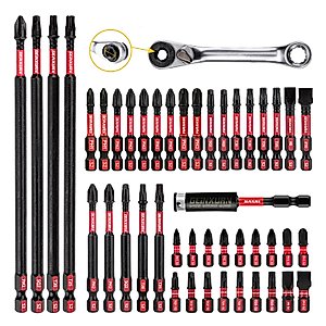 GEINXURN Impact Tough Magnetic Mixed 46Pack Insert Driver Bits, S2 Alloy Steel Screwdriver Power Bits Set with 1Pcs Impact Magnetic Bit Holder and Mini Wrench