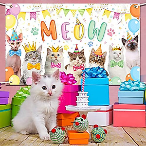 Cat Happy Birthday Backdrop Meow Kitten Photography Background Cat Birthday Party Supplies Cat Party Decorations Photo Backdrop for Pets Cat Owner Children Kids Cat Theme Birthday Party