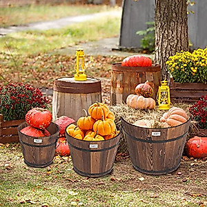 VINGLI 3 pcs Wooden Planter Barrel Set, Real Wood Indoor/Outdoor Flower Pot w/Drainage Holes, Different Sizes, Large Garden Container Box