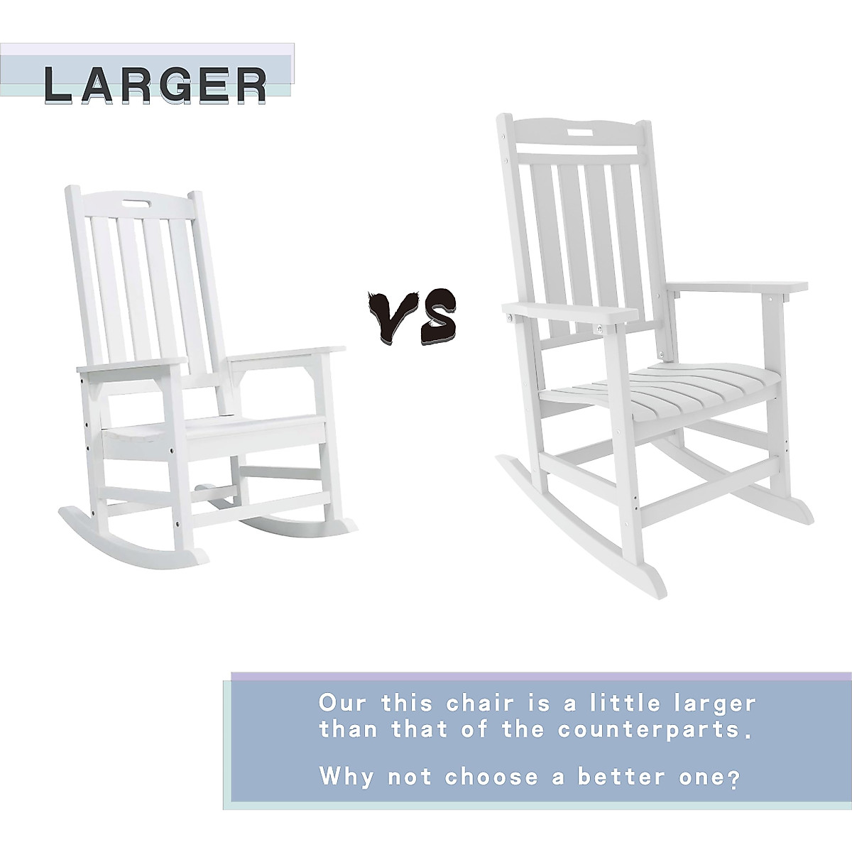 White Oversized Outdoor Rocking Chair, HDPE Outdoor Rocking Chair, Weather Prsistant Patio Rocking Chairs for Adult, White Porch Rocker for Backyard Patio Garden Porch 38" D x 27" W x 46" H
