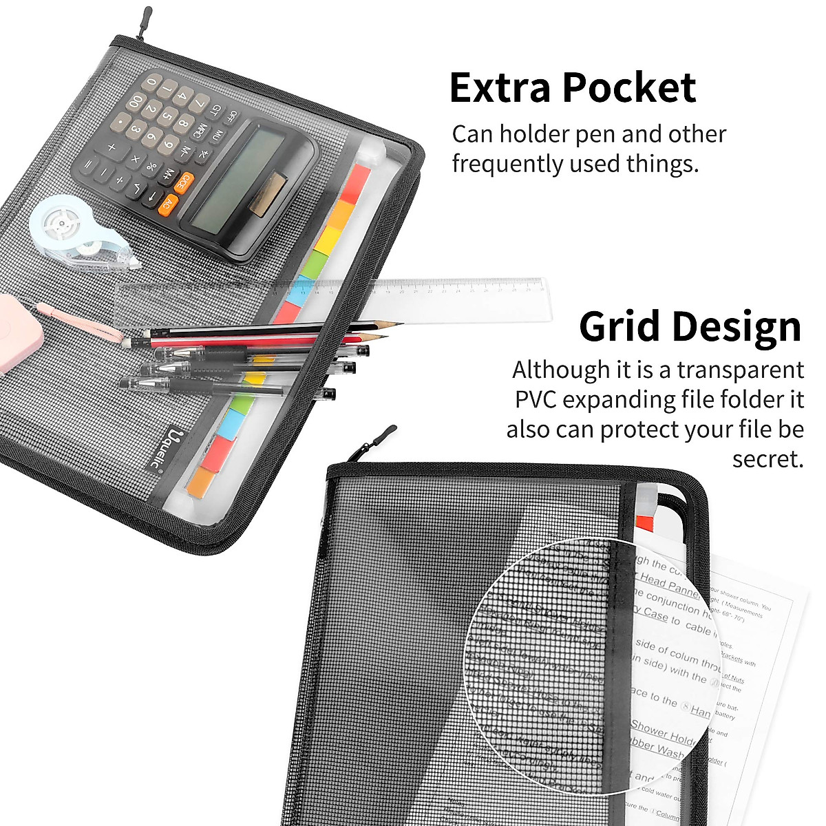 Uquelic 13 Pocket Zip Expanding File Folder, A4, Black, Vinyl