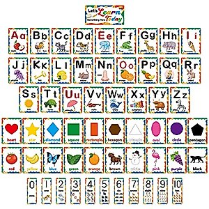 D-FantiX 58 Pieces Alphabet and Number Bulletin Board Set, Manuscript Educational Preschool Cards, Early Learning Alphabet Number Colors Shapes Posters for Kids Kindergarten Classroom Wall Decorations