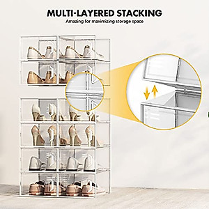 SEE SPRING Large 12 Pack Shoe Storage Box, Shoe Organizer for Closet, Clear Plastic Stackable Shoe Boxes, Space Saving Foldable Sneaker Shoe Rack Containers Bin Holder (Clear)