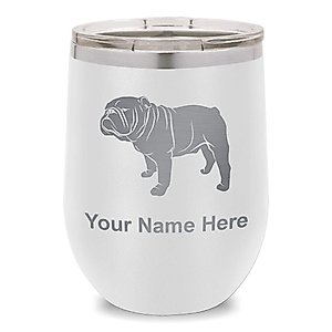SkunkWerkz Wine Glass Tumbler, Bulldog Dog, Personalized Engraving Included (White)