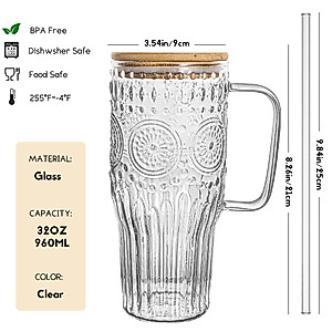 Bandesun 32oz Vintage Glass Cup with Handle with Bamboo Lids and Straws - Borosilicate Glass Tumbler for Hot and Cold drinks