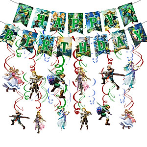 Birthday Party Banner And Hanging Swirls for Zelda,For Zelda Birthday Theme Party Decoration Supplies
