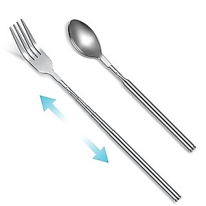 Geetery 2 Pcs Telescopic Spoon Fork Set Extendable Fork Spoon Stainless Steel Dinner Fork Extends to 25 Inch Anti Rust Fruit Dessert Long Handle Fork Spoon Cutlery Set for Barbecue Toasting Dinner
