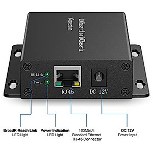100BASE Ethernet Media Converter Device 2-wire Ethernet BroadR-Reach(100BASE-T1) to Fast Ethernet (100BASE-TX) Automotive IEEE 100BASE-T1 compliant with 100Mbit/s transmit