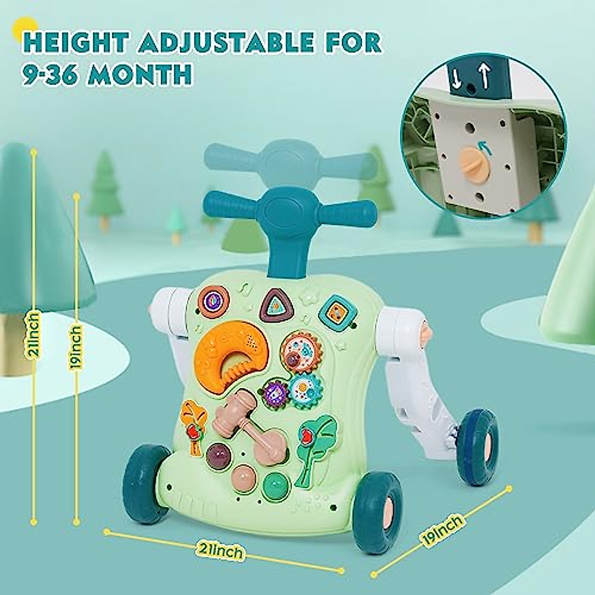 Sit to Stand Learning Walker 6 in 1 Baby Learning Walkers Early Education Activity Center with Lights Sounds, Music Learning Play Toys Toddler Walker Push Toy for Girls Boys