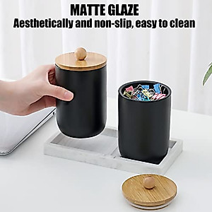 JiatuA Qtip Holder Dispenser with Bamboo Lids, Matte Black Ceramic Apothecary Jar Containers Cotton Ball Holder for Vanity Makeup Organizer Bathroom Canister Storage Farmhouse Decor, 2 Pack