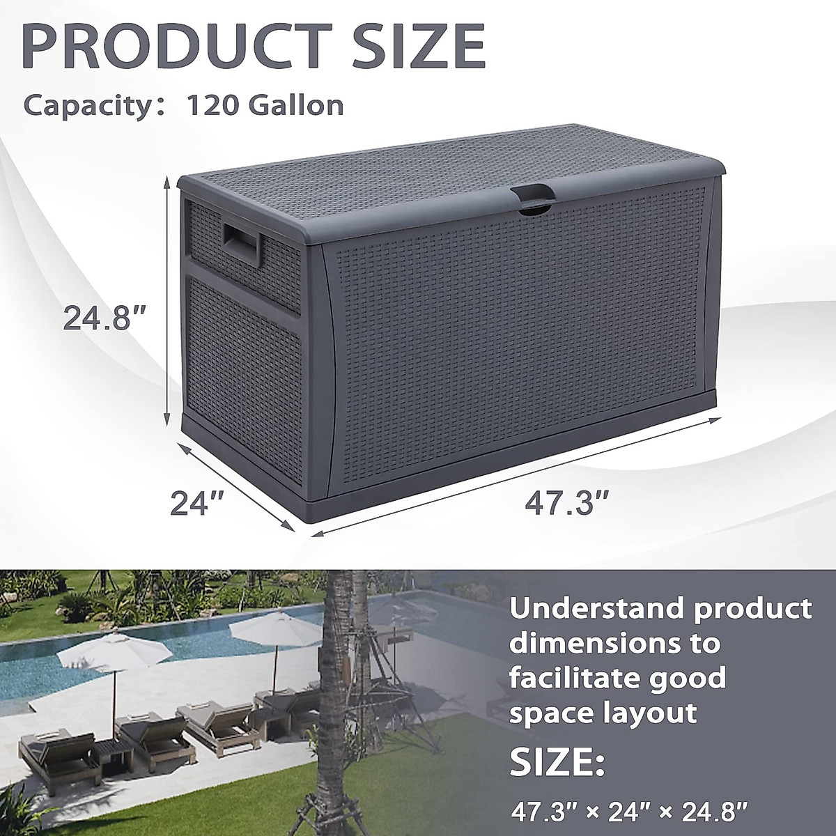 Cemeon 120 Gallon Outdoor Large Deck Storage Box, Resin Wicker Patio Storage Container for Patio Cushions, Gardening Tools and Toys (Dark Gray)