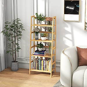 HAPPYGRILL 4 Tier Bamboo Bookshelf, Freestanding Open Bookcase Book Shelf Multifunctional Plant Flower Display Stand, Ladder Shelf for Bedroom, Living Room, Home Office,Small Space