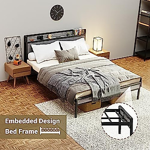 Zevemomo Queen Bed Frame, Queen Size Metal Platform Bed Frame with 2-Tier Storage Upholstered Headboard and Power Outlets, USB Ports Charging Station/No Box Spring Needed/Noise-Free/Easy Assembly