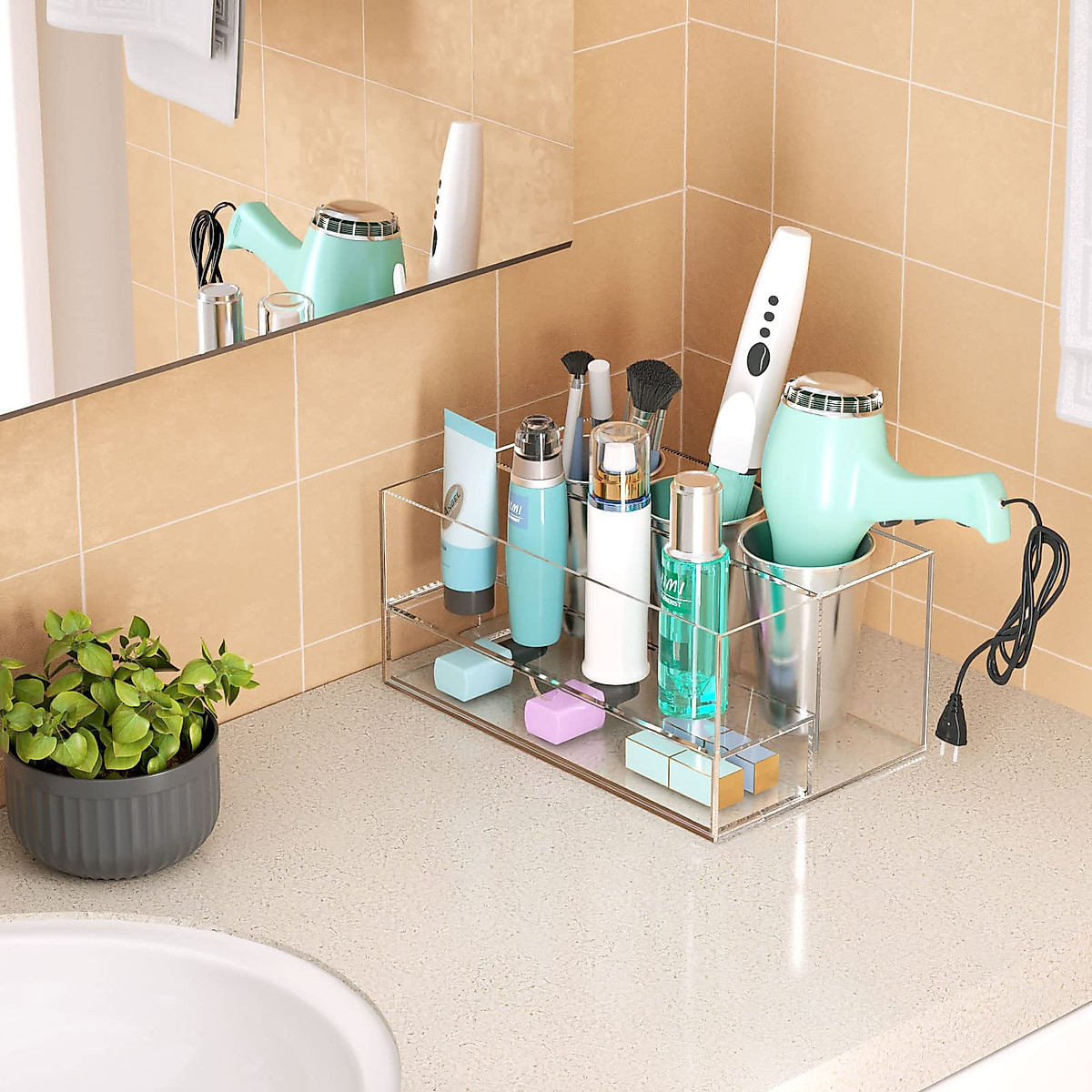 HIIMIEI Hair Tool Organizer, Clear Acrylic Hair Dryer Organizer with Drawer, Hair Styling Tool Organize, Bathroom Vanity Countertop Storage Organizer for Blow Dryer, Curling Irons, Makeup, Toiletries