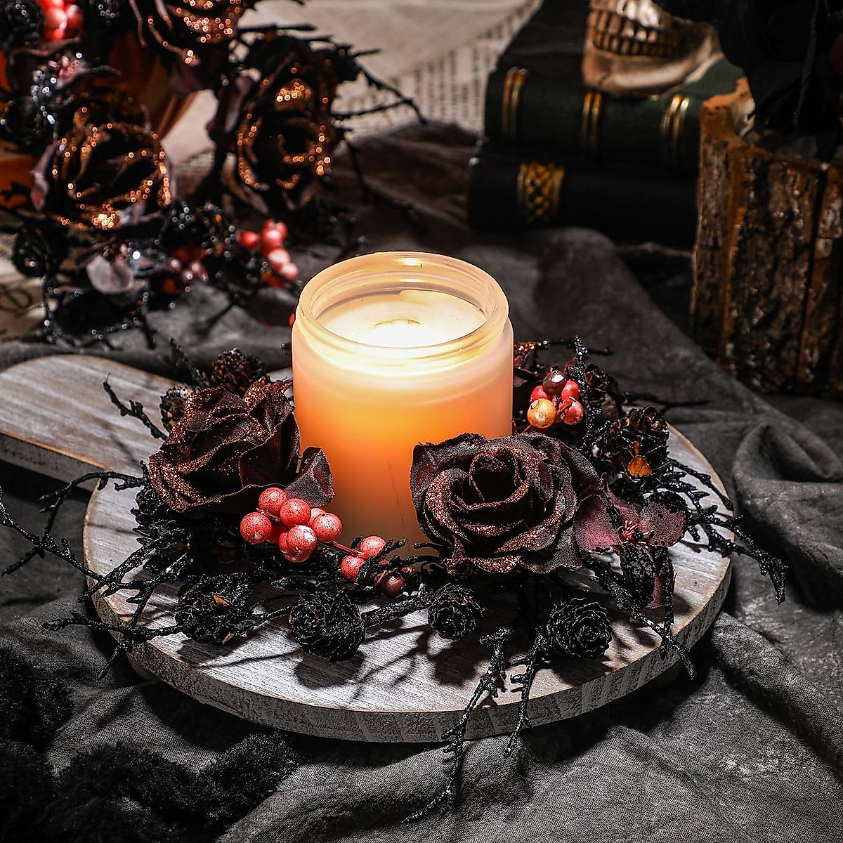 Jexine 6 Pcs Fall Candle Rings Wreaths Black Halloween Rings 3 Inch Black Twig Wreath Candle Ring Gothic Rose with Glitter Leaves Wreath for Fall Thanksgiving Home Table Centerpieces Decorations