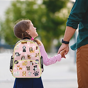 Dogs Backpack for Kids, Puppy Paws Pink Toddler Backpack for Girls 14.2 In, Waterproof Casual Daypack Preschool Backpack Kindergarten School Mini Bookbag with Chest Strap for Back to School