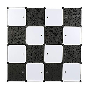 DWLOMHE Portable Cabinets Storage, Plastic Storage Shelf 16 Cubes Organizer DIY Furniture,Storage Organizer with Doors,with 3 Clothes Rails