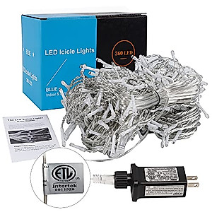 Blissun 360 LED Iciclelights, 29.5FT 8 Modes Curtain Fairy Lights with 60 Drops, Christmas Outdoor String Lights for Wedding Halloween Thanksgiving Party Home Garden Indoor Decorations, Blue