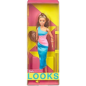 Barbie Looks Doll with Brown Hair Dressed in One-Shoulder Pink and Blue Midi Dress, Posable Made to Move Body Small