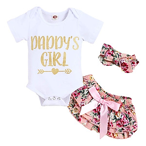 KISSB Newborn Baby Girl Clothes Outfits Little Girl Daddy's Princess Romper Bodysuit Floral Shorts 3PCs Infant Clothing Set (0-3M/size70) Multicolor