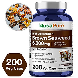 NusaPure Brown Seaweed Extract 6,000 mg - 200 Veggie Capsules - Fucoxanthin (Vegan, Bioperine, Non-GMO, Vegan)