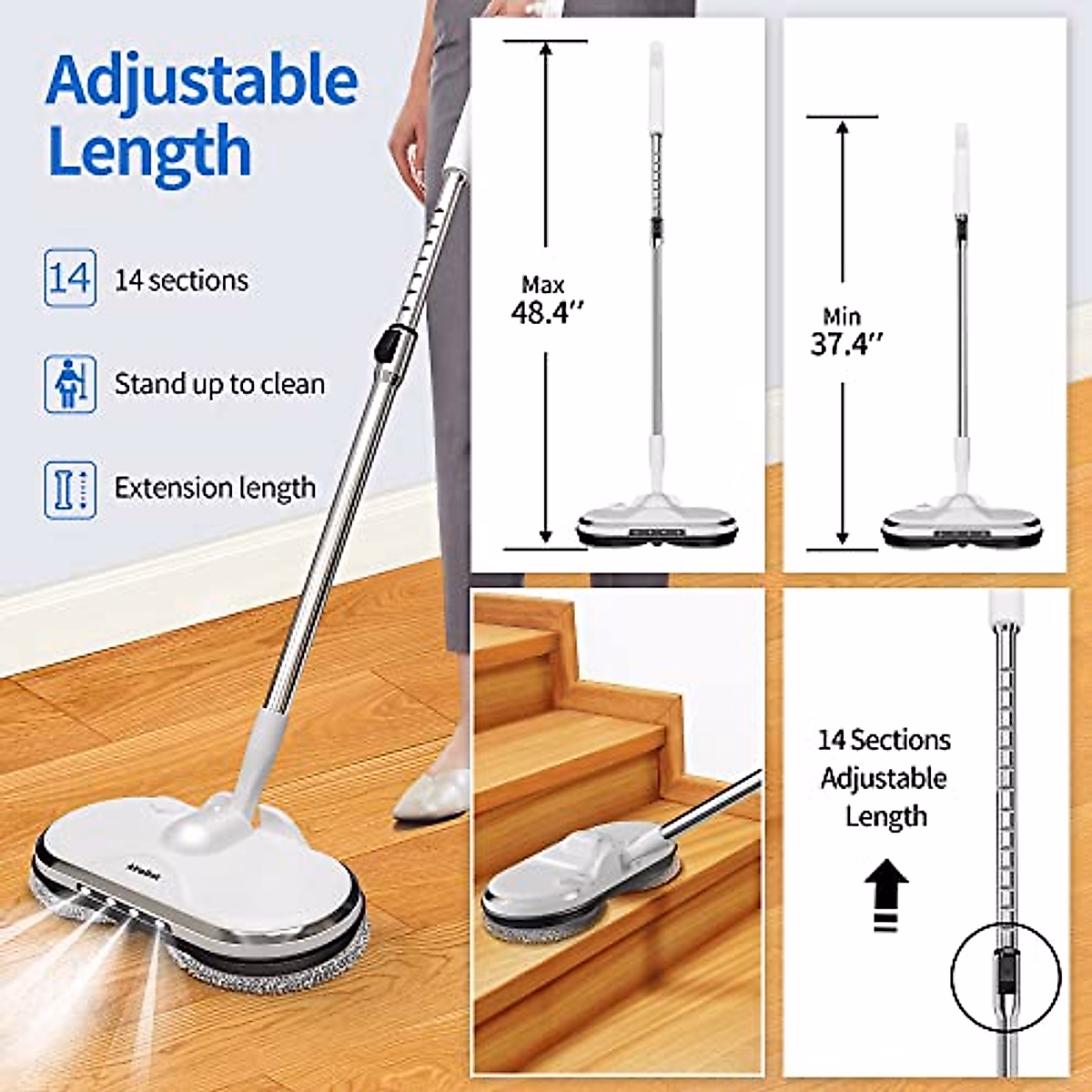 Cordless Electric Mop for Floor Cleaning, AlfaBot WS-24 Electric Spin Mop with Water Sprayer and LED Headlight, Lightweight & Rechargeable Scrubber for Hardwood Tile & Laminate Floors