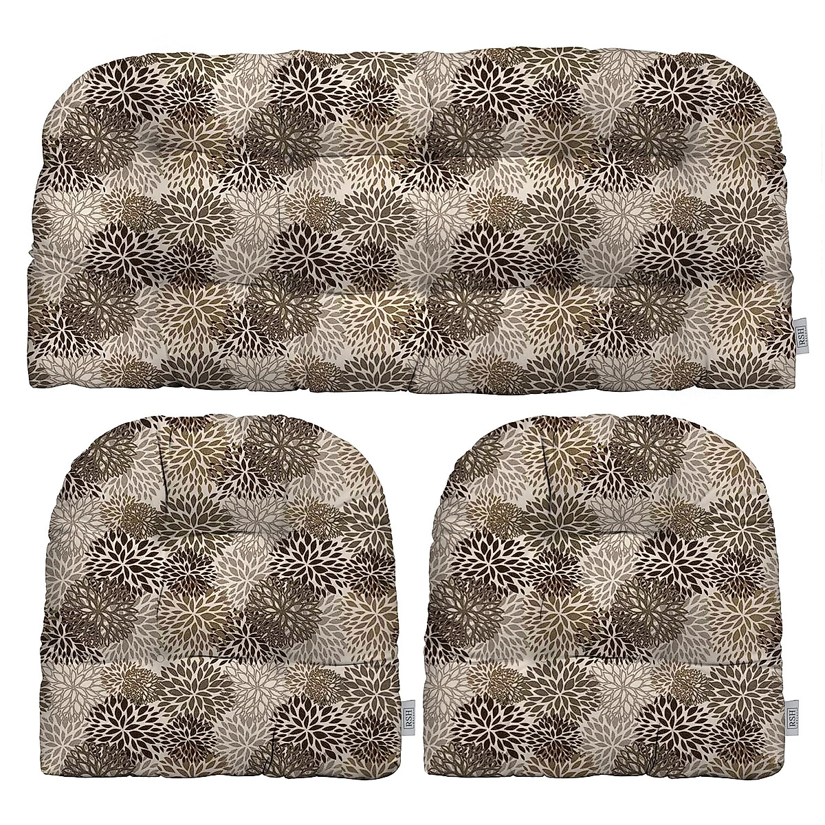RSH DECOR: 3-Piece Wicker Tufted Cushion Set | 44” x 22" & 22" x 22" | All-Weather Spun Fabric | Water-Resistant | Outdoor Loveseat & U-Shape Cushions for Patio Furniture | Blooms Matte Black Floral