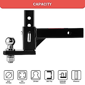 OPENROAD Adjustable Trailer Hitch Ball Mount Fits 2-Inch Receiver, 2’’ Ball 6000LBS, 6 1/4" Drop/ 7 1/2" Rise Drop Hitch, Tow Hitch for Heavy Duty Truck with Stainless Steel Pins