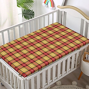 Plaid Themed Fitted Mini Crib Sheets,Portable Mini Crib Sheets Toddler Bed Mattress Sheets-Crib Mattress Sheet or Toddler Bed Sheet,24“ x38“,Salmon Earth Yellow