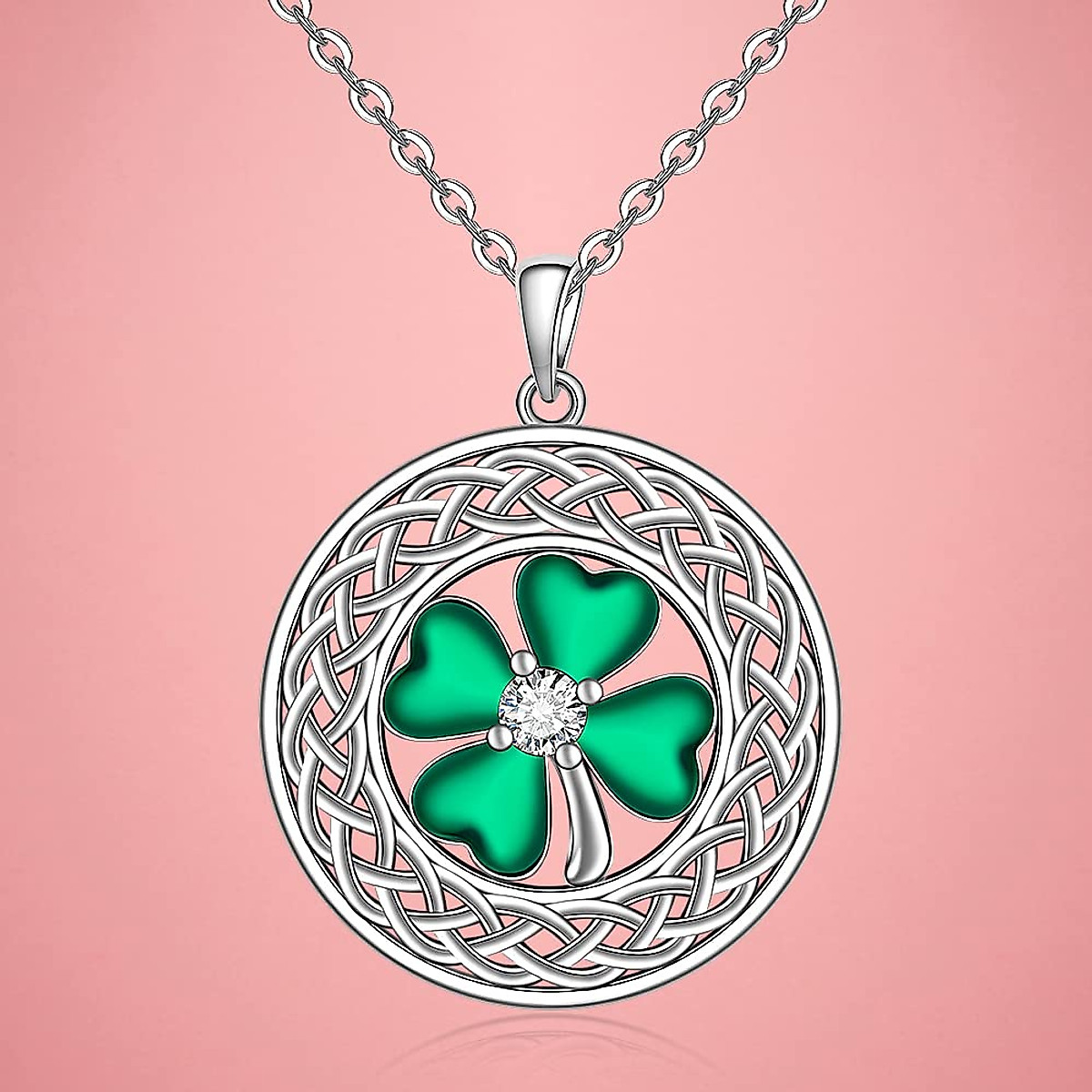 Shamrock Necklace St Patricks Day Four Leaf Clover Necklaces for Women Sterling Silver Celtic Knot Irish Green 4 Leaf Clover Jewelry Pendant Lucky Saint Patricks Gifts