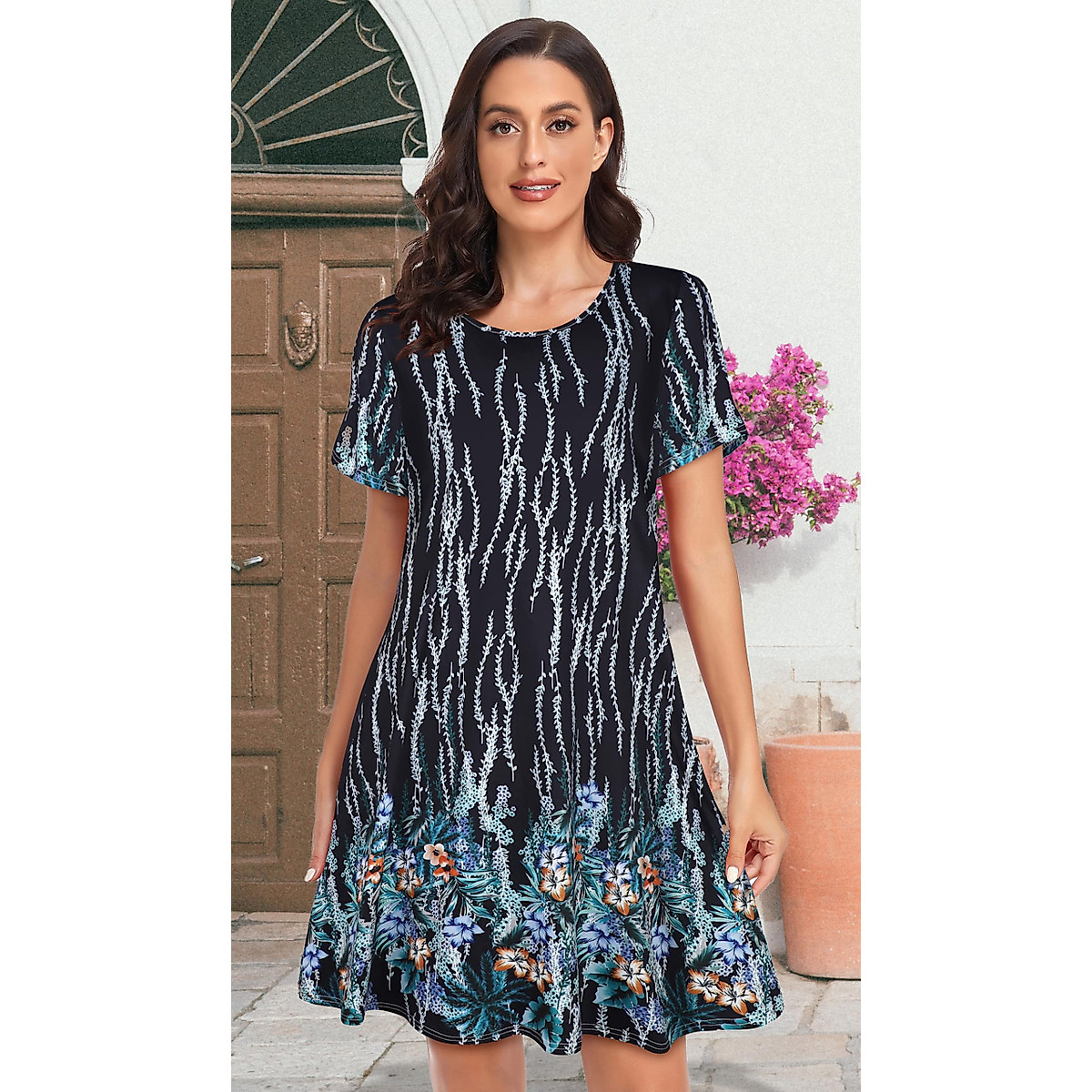Plus Size Summer Dress for Women Flowy Loose Swing Casual Sundresses Round Neck Sleepwear with Pockets（Black Flower,L）