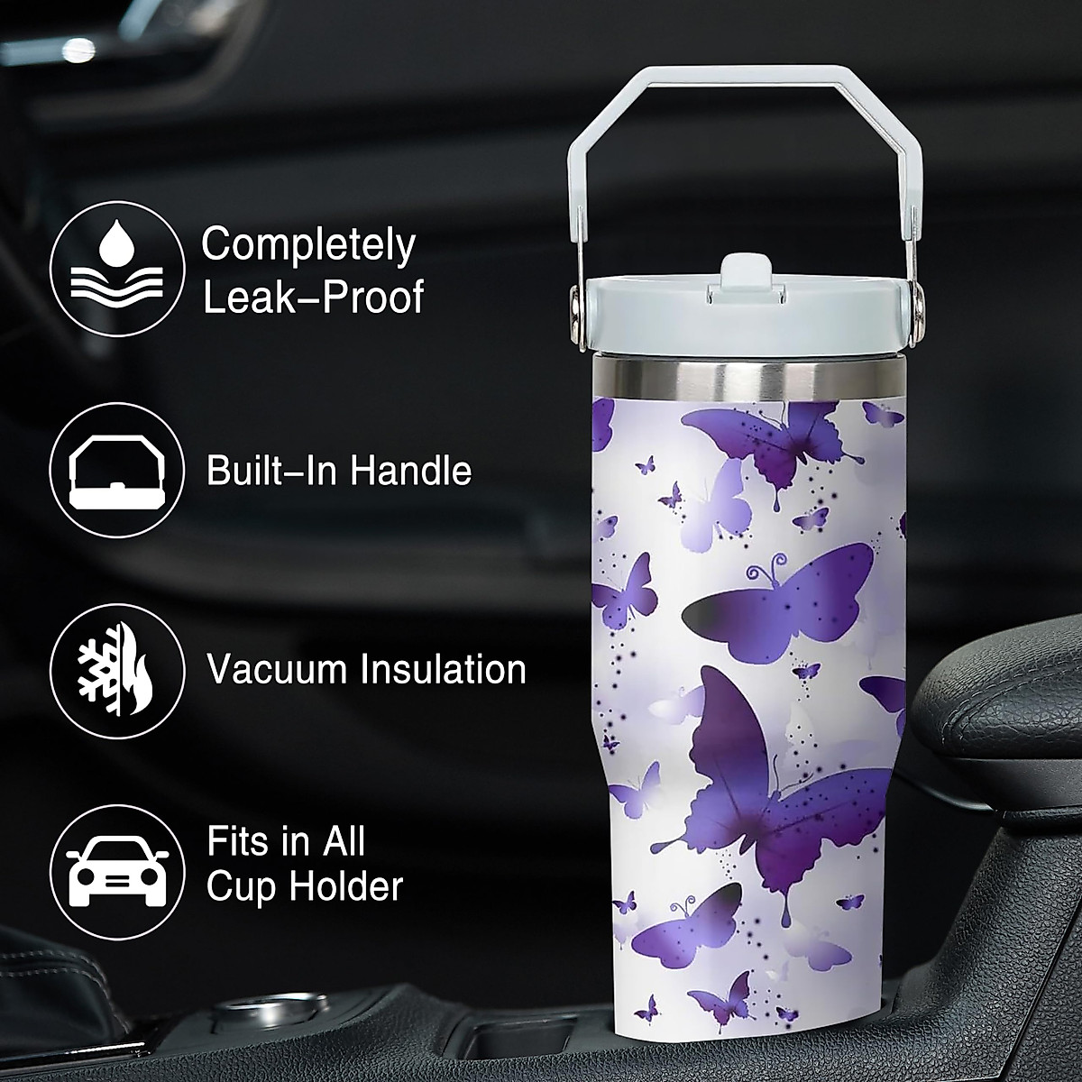 Queen Hero 30 oz Butterfly Tumbler with Handle, Large Insulated Tumbler with Flip & Straw Coffee Mug Cup Stainless Steel Gifts for Women Men Youth