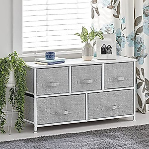 mDesign 21.65" High Steel Frame/Wood Top Storage Dresser Furniture Unit with 5 Removable Fabric Drawers - Wide Bureau Organizer for Bedroom, Living Room, Closet - Lido Collection, Gray