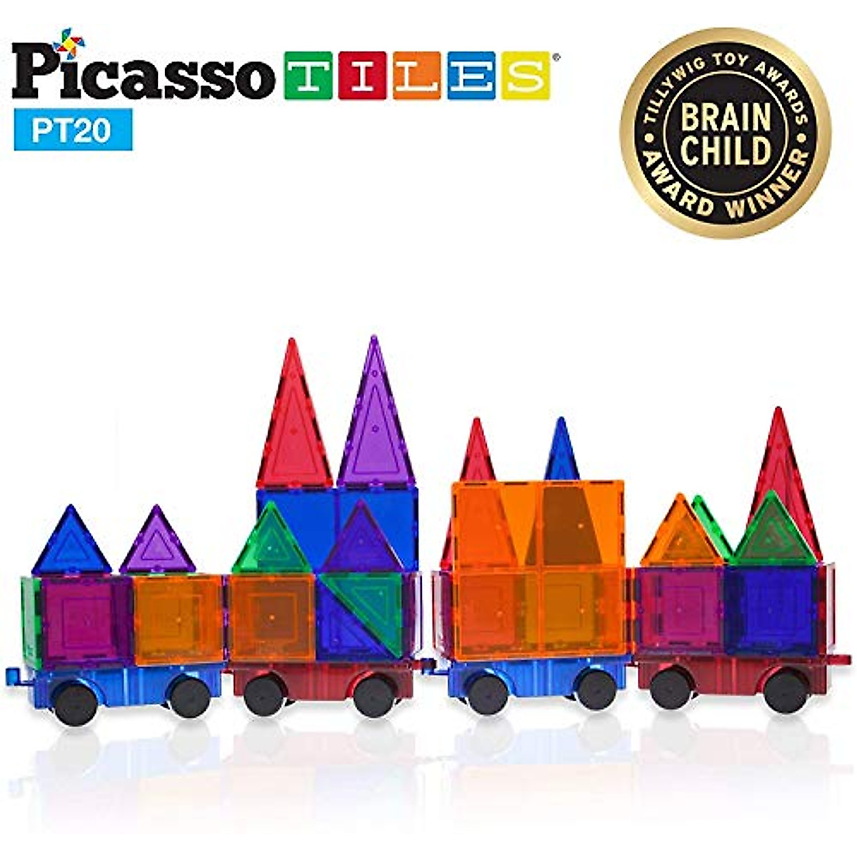 PicassoTiles 2 Piece Car Truck Construction Kit Toy Set Vehicle Educational Magnet Building Tile Magnetic Blocks Puzzle Magnets Toys with Re-Enforced Hitch and Long Bed for Girls Boys Toddler Ages 3+