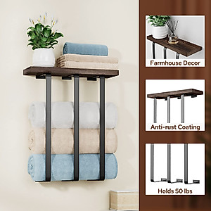 Lorbro Paper Towel Holder with Shelf, Towel Racks for Bathroom, Wall Mounted Towel Rack 3 Bar, Bathroom Towel Storage with Wooden Shelf, Bath Towel Holder for Bath Organizer Decor, RV, Wall Tow