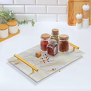 Vanity Tray White Marble with Golden Decorative Tray Bathroom Acrylic Jewelry Perfume Trays with Handle Makeup Dresser Cosmetic Bedroom Kitchen, 12x8 in