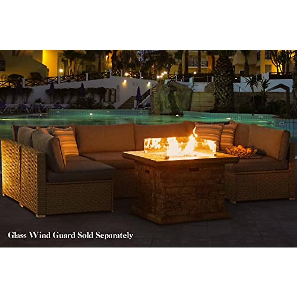 SUNBURY 7 Pieces Patio Furniture Set with Fire Table, PE Wicker Outdoor Sectional Sofa with 35-inch 50000 BTU Gas Fire Pit Table, Patio Conversation Set, Propane Fire Pit Table