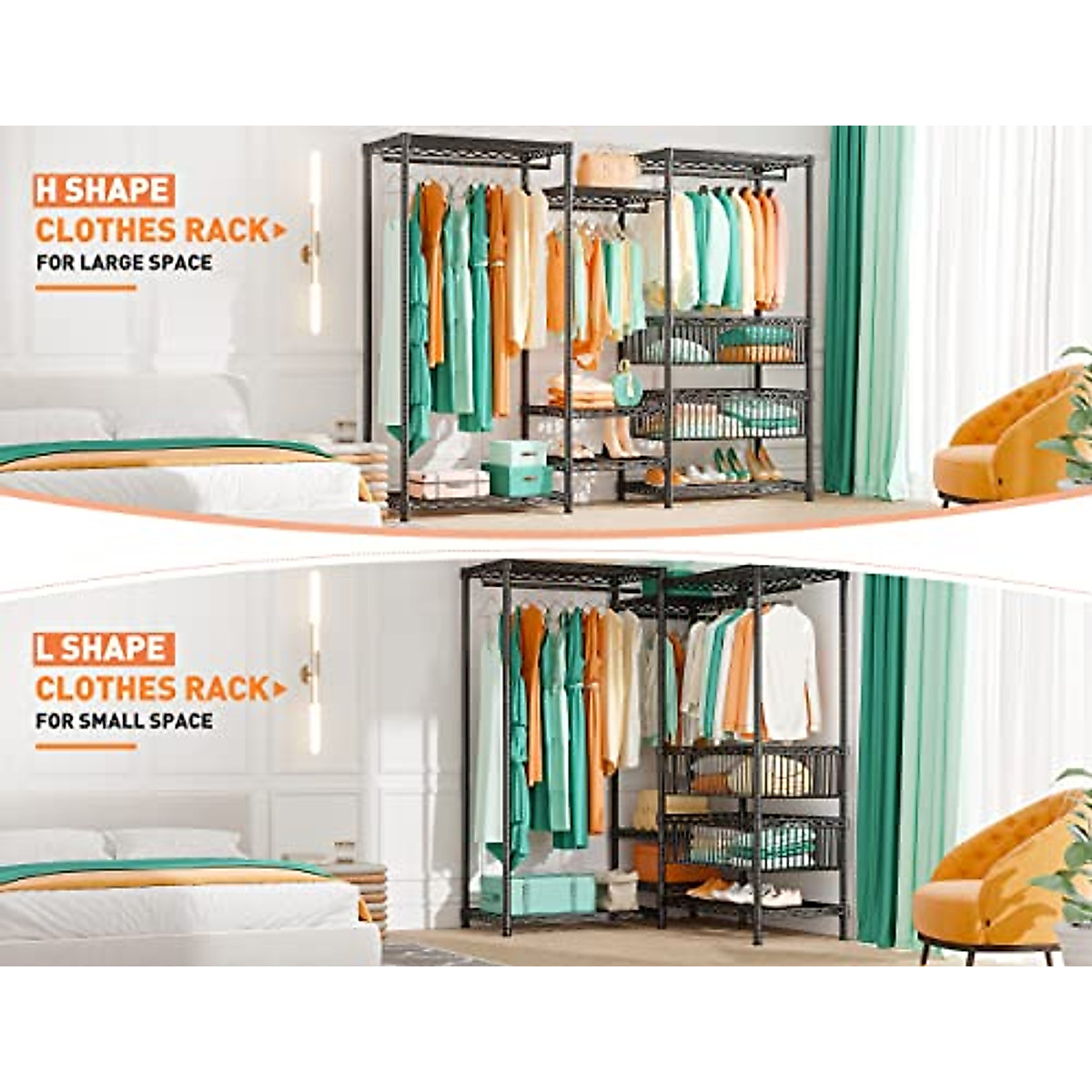 Raybee 77" H Clothes Rack Heavy Duty Clothing Racks for Hanging Clothes with Basket Drawers Load 850 LBS 75" Wide Large Clothes Rack with Shelves Adjustable Wire Garment Rack Free Standing Closet