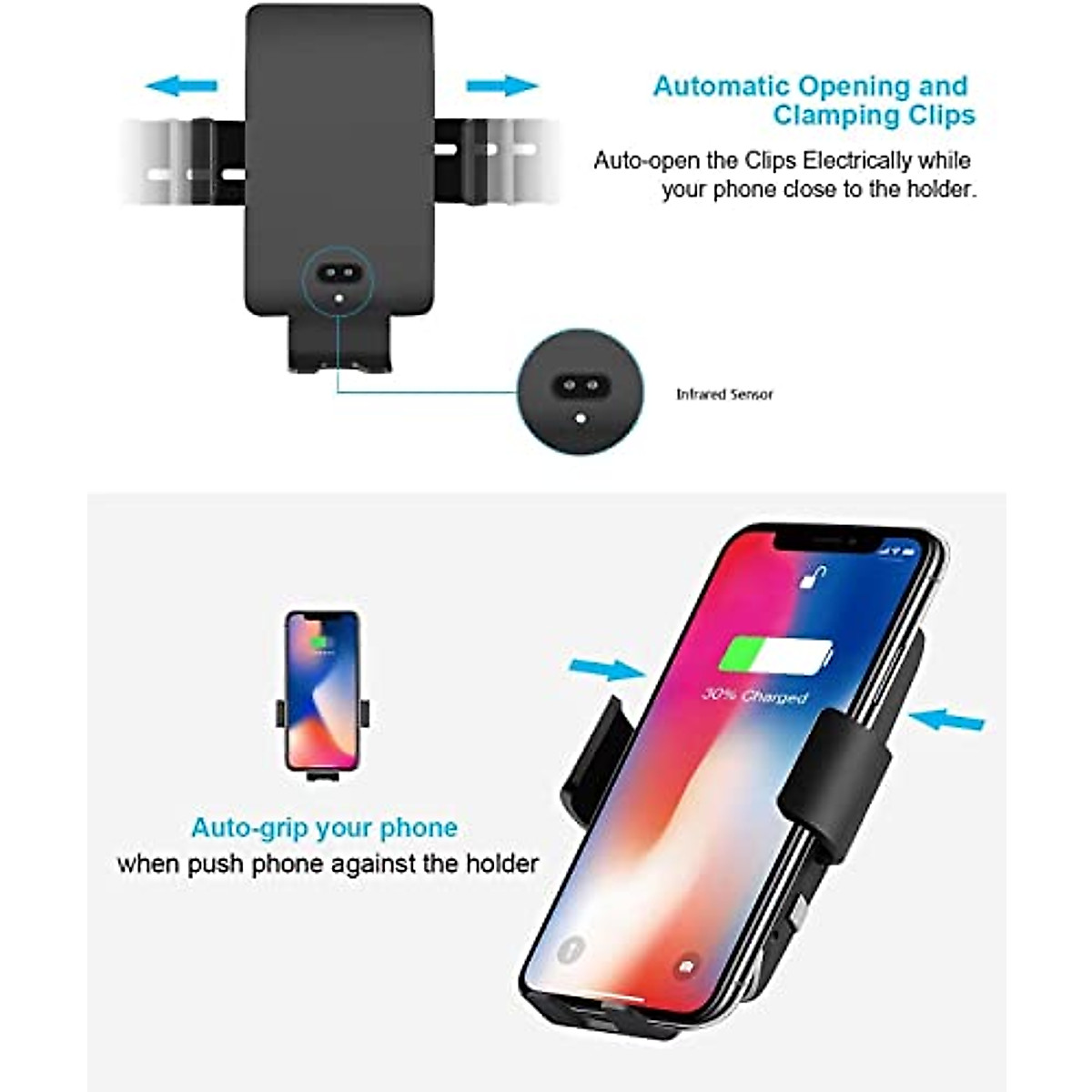 MANKIW Wireless Car Charger Automatic Clamping 10W Qi Fast Charging Car Charger Mount Compatible with iPhone 15 14 13 12 11 pro max Plus/Xs MAX/XS/XR/X/8/8p Samsung S10/S10+/S9/S9+/S8/S8+