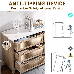 6 Drawers Dresser for Bedroom, 54" Large Storage Dresser, Farmhouse Wood Dressers with Faux Marble Top, Modern Dressers & Chests of Drawers for Living Room Entryway, Fluted Curved Profile, Natural Oak