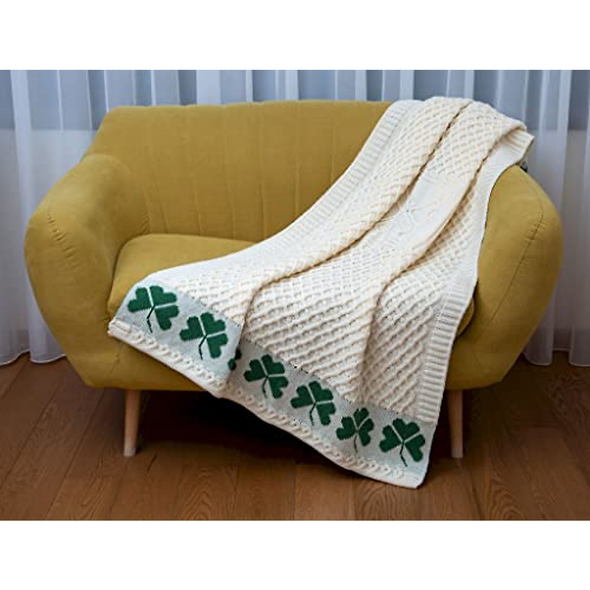 SAOL Irish Shamrock Aran Throw Blanket -100% Merino Wool - Honeycomb Pattern - Natural / 40'' x 60''/100 cm x150 cm