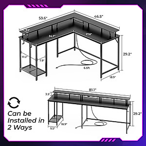 SUPERJARE L Shaped Gaming Desk with Power Outlets & LED Lights, Computer Desk with Monitor Stand & Storage Shelf, Home Office Desk Corner Desk with Hooks, Black