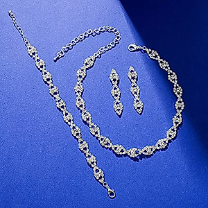 Miraculous Garden 3 Pack Silver Plating Rhinestone Crystal Choker Necklace Link Bracelet Dangle Earrings Jewelry Sets for Women Girls