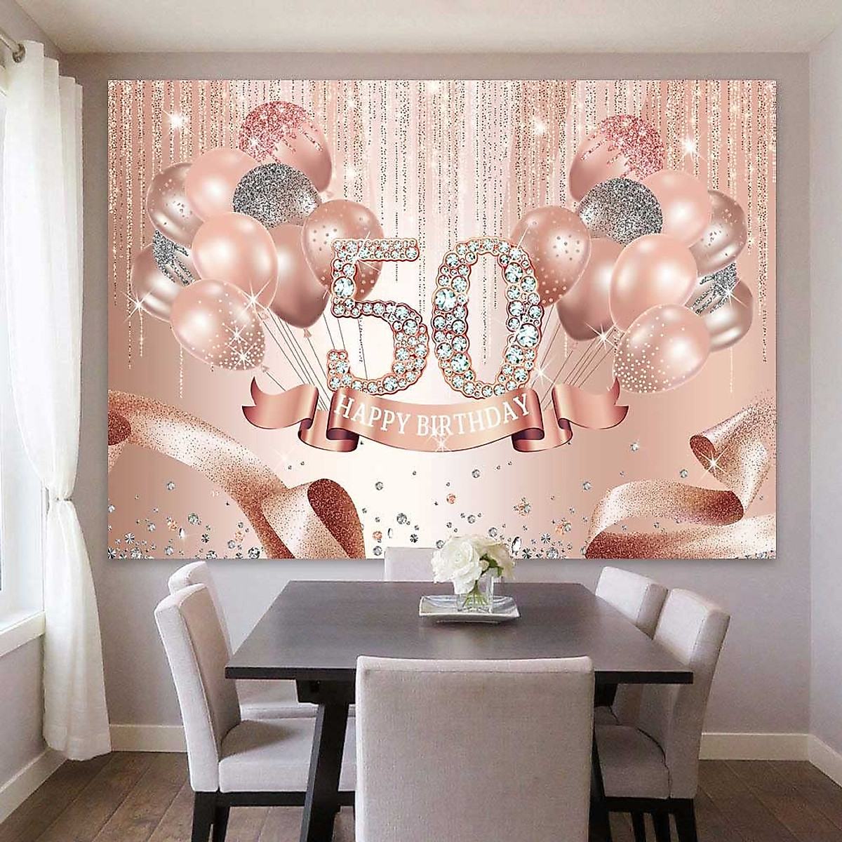 Sensfun Happy 50th Birthday Backdrop Rose Gold Diamonds Fabulous 50th Birthday Background Glitter Balloons Fifty Years Old Age Women Birthday Party Banner Decorations Supplies 7x5ft