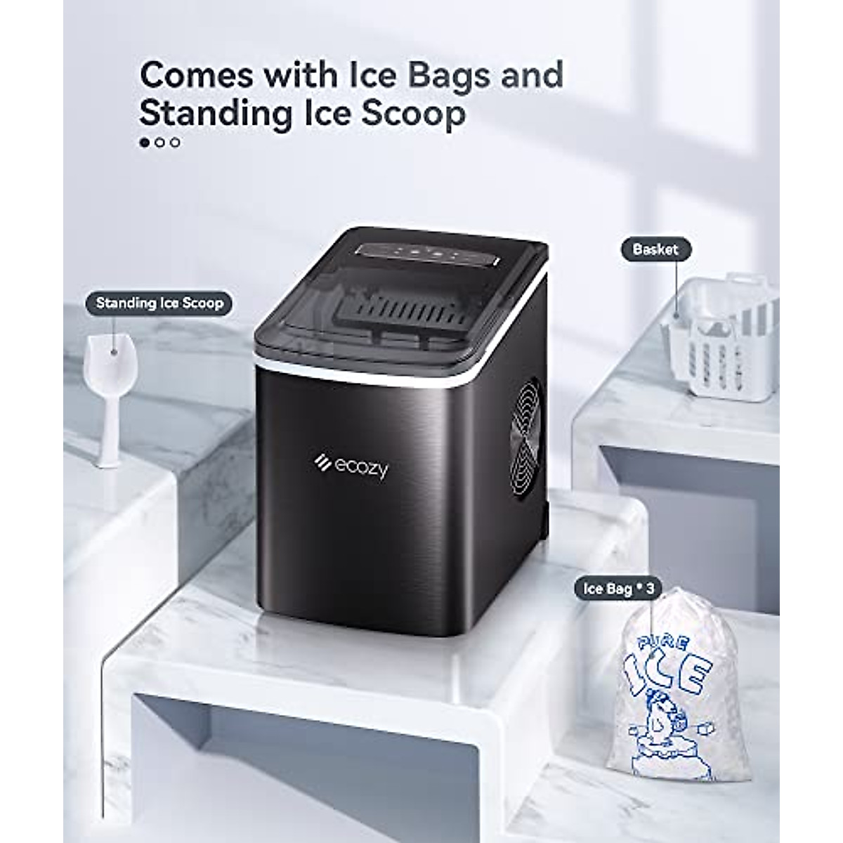 ecozy Portable Ice Maker Countertop, 9 Cubes Ready in 6 Mins, 26 lbs in 24 Hours, Self-Cleaning, Includes Ice Bags/Scoop/Basket for Home Kitchen Office Bar Party, Black