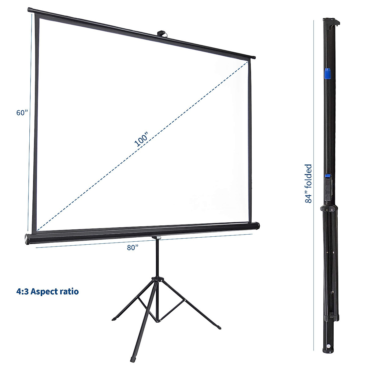 VIVO 100 inch Portable Indoor Outdoor Projector Screen, 100 Inch Diagonal Projection HD 4:3 Projection, 4K 3D 1080P HD Pull Up Foldable Stand Tripod, PS-T-100