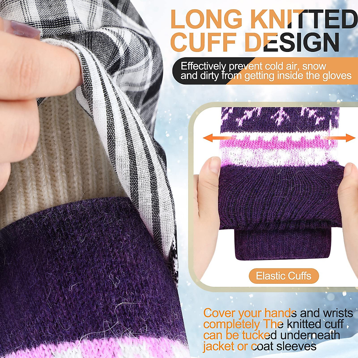 Vicenpal 3 Pairs Women's Winter Gloves Warm Lining Mittens Knit Thick Wool Gloves Knit Mittens for Winter Cold Weather (Purple, Gray, Black)